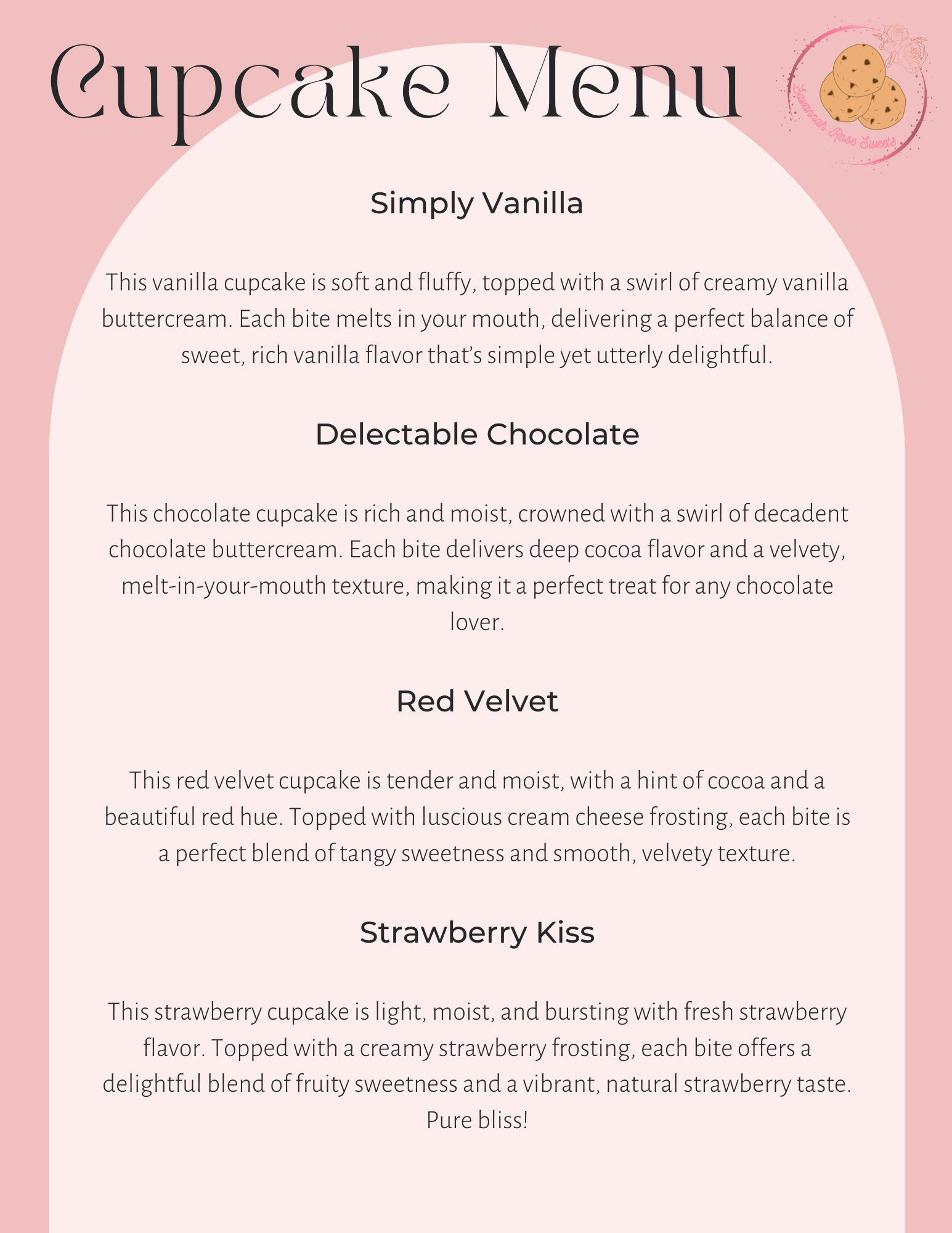 Cupcake Menu – Savannah Rose Sweets
